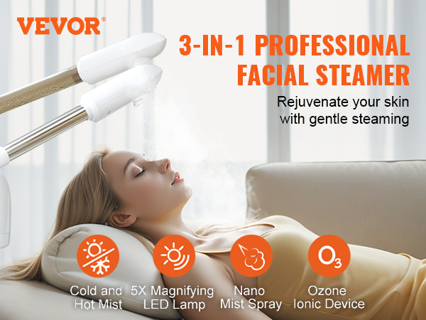 VEVOR Professional Facial Steamer, 3 in 1 Hot/Cold Ozone Mist Facial Steamer with 5X Magnifying ...