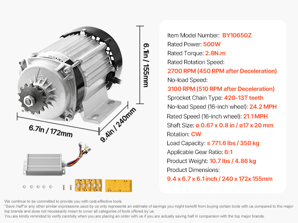 VEVOR 500W Electric Brushless DC Motor Kit 48V 2700rpm with Upgraded ...