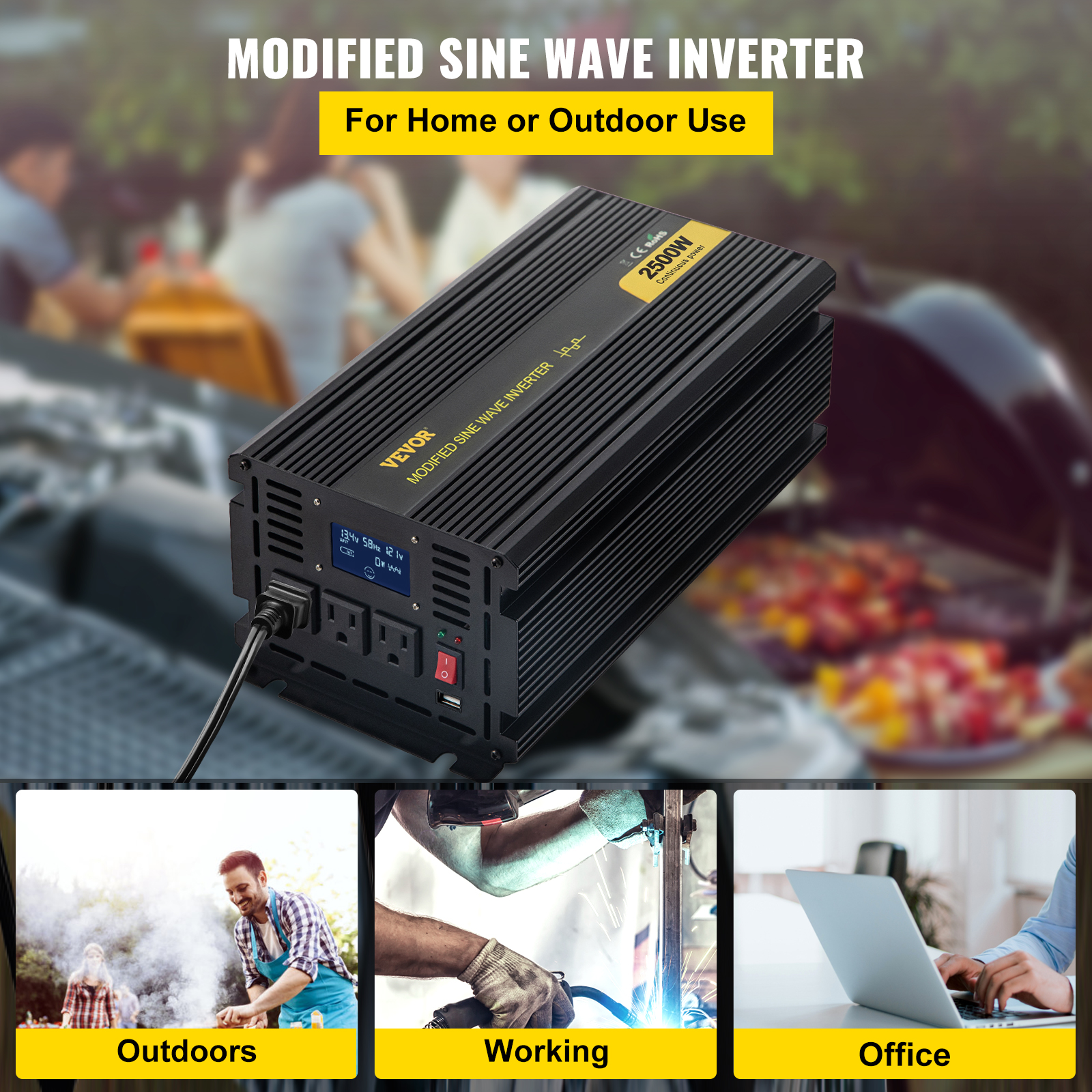 Power Inverter 2500W 5000W DC 12V To AC 120V w/LCD Cable for Car RV ...