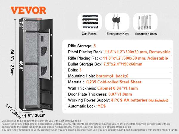 VEVOR 5 Rifles Gun Safe, Rifle Safe with Fingerprint Lock, Quick Access ...