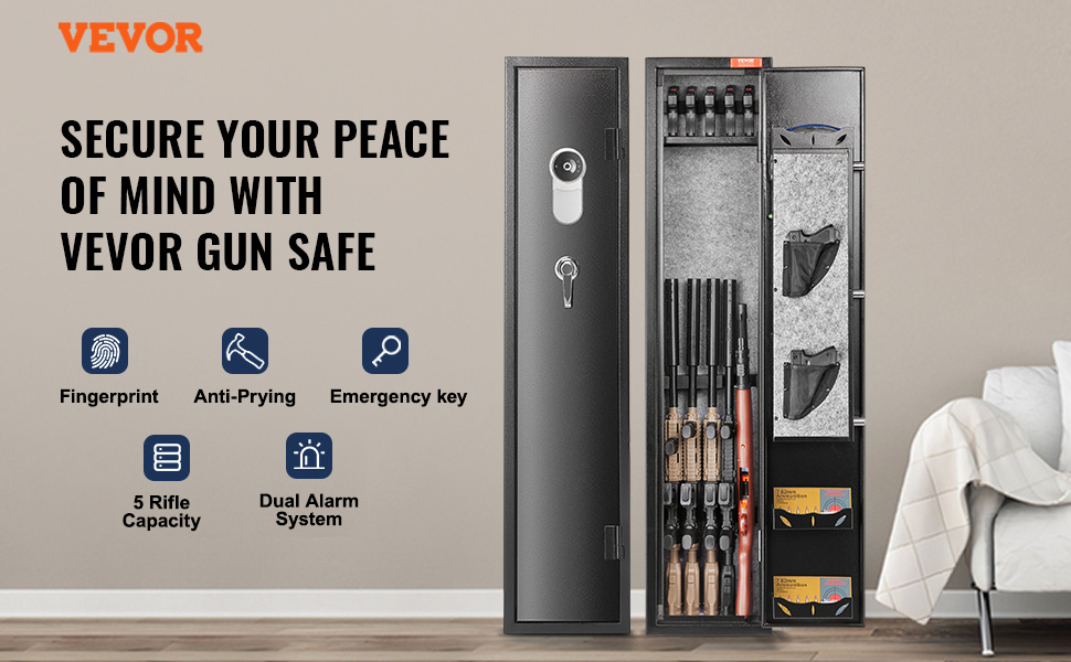 VEVOR 5 Rifles Gun Safe, Rifle Safe with Fingerprint Lock, Quick Access ...