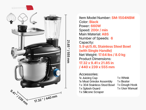 3-in-1 Stand Mixer 5.9 QT Electric Dough Mixer 660W 6 + P Speeds Food ...