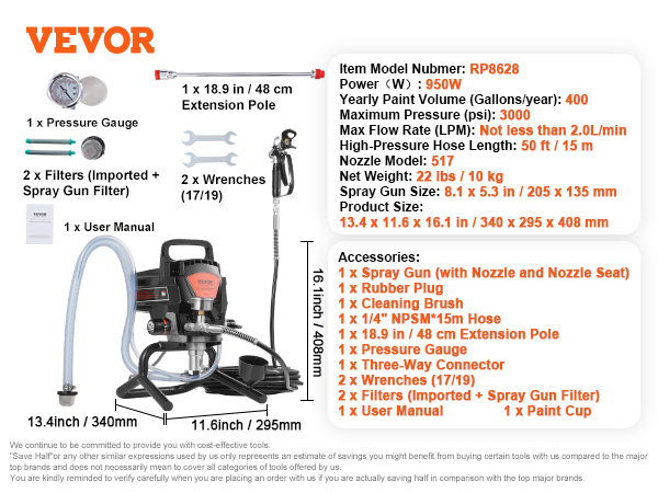 VEVOR draagbaar airless verfspuit, 950 W, 3000 psi, hoog rendement ... VEVOR draagbaar airless verfspuit, 950 W, 3000 psi, hoog rendement ...