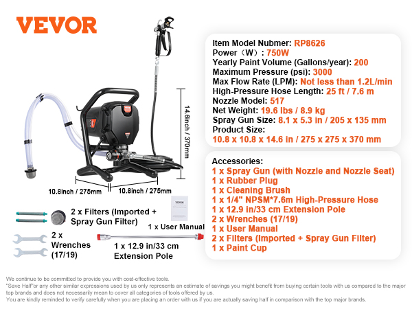 VEVOR draagbaar airless verfspuit, 750 W, 3000 psi, hoog rendement ... VEVOR draagbaar airless verfspuit, 750 W, 3000 psi, hoog rendement ...