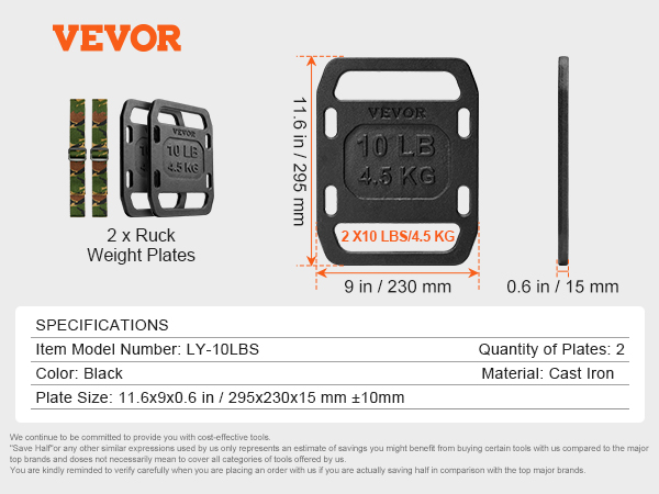 VEVOR Cast Iron Ruck Weights for Rucking Weight Plate with Handle 10LB ...