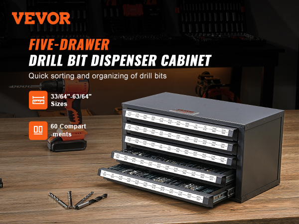 VEVOR Drill Bit Dispenser Cabinet, Five-Drawer Drill Bit Organizer ...