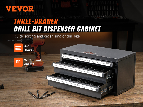 VEVOR Drill Bit Dispenser Cabinet, Three-Drawer Drill Bit Organizer Cabinet for A to Z, Steel ...