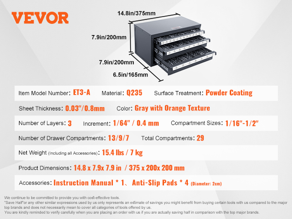 VEVOR Drill Bit Dispenser Cabinet, Three-Drawer Drill Bit Organizer ...