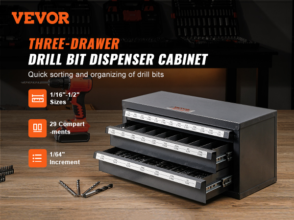 VEVOR Drill Bit Dispenser Cabinet, Three-Drawer Drill Bit Organizer ...