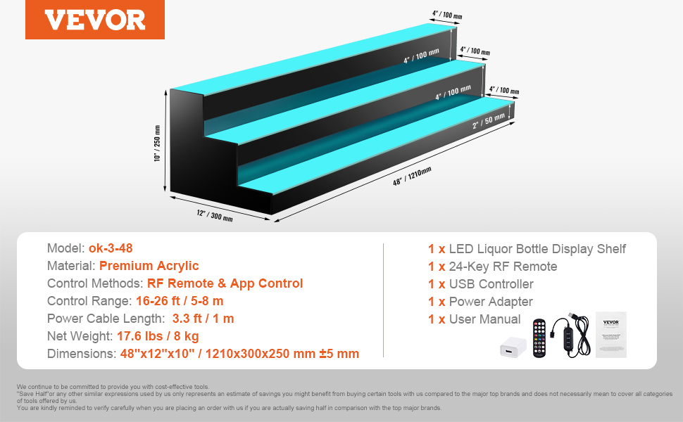 VEVOR LED Lighted Liquor Bottle Display Bar Shelf RF & App Control 48" 3-Step | VEVOR US