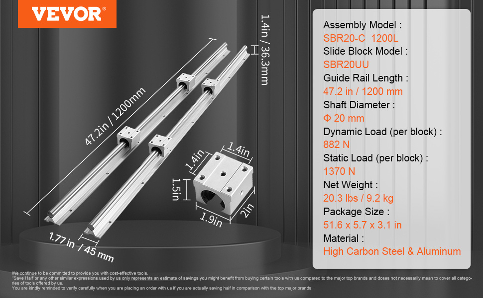 VEVOR Linear Guide Rail Set, SBR20 1200mm, 2 PCS 47.2 in/1200 mm SBR20 ...