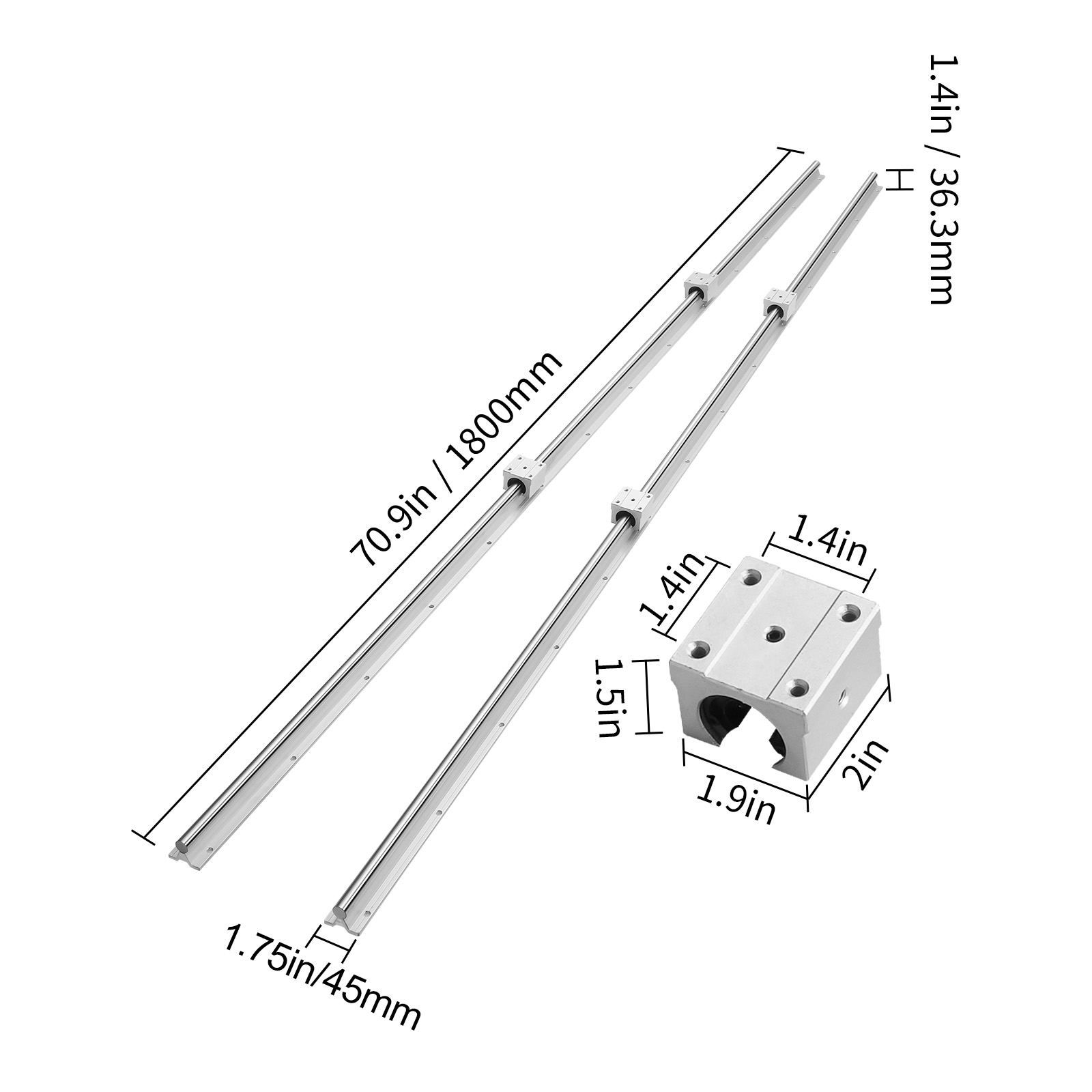 VEVOR Linear Guide Rail Set, SBR20 1800mm, 2 PCS 70.9 in/1800 mm SBR20 ...