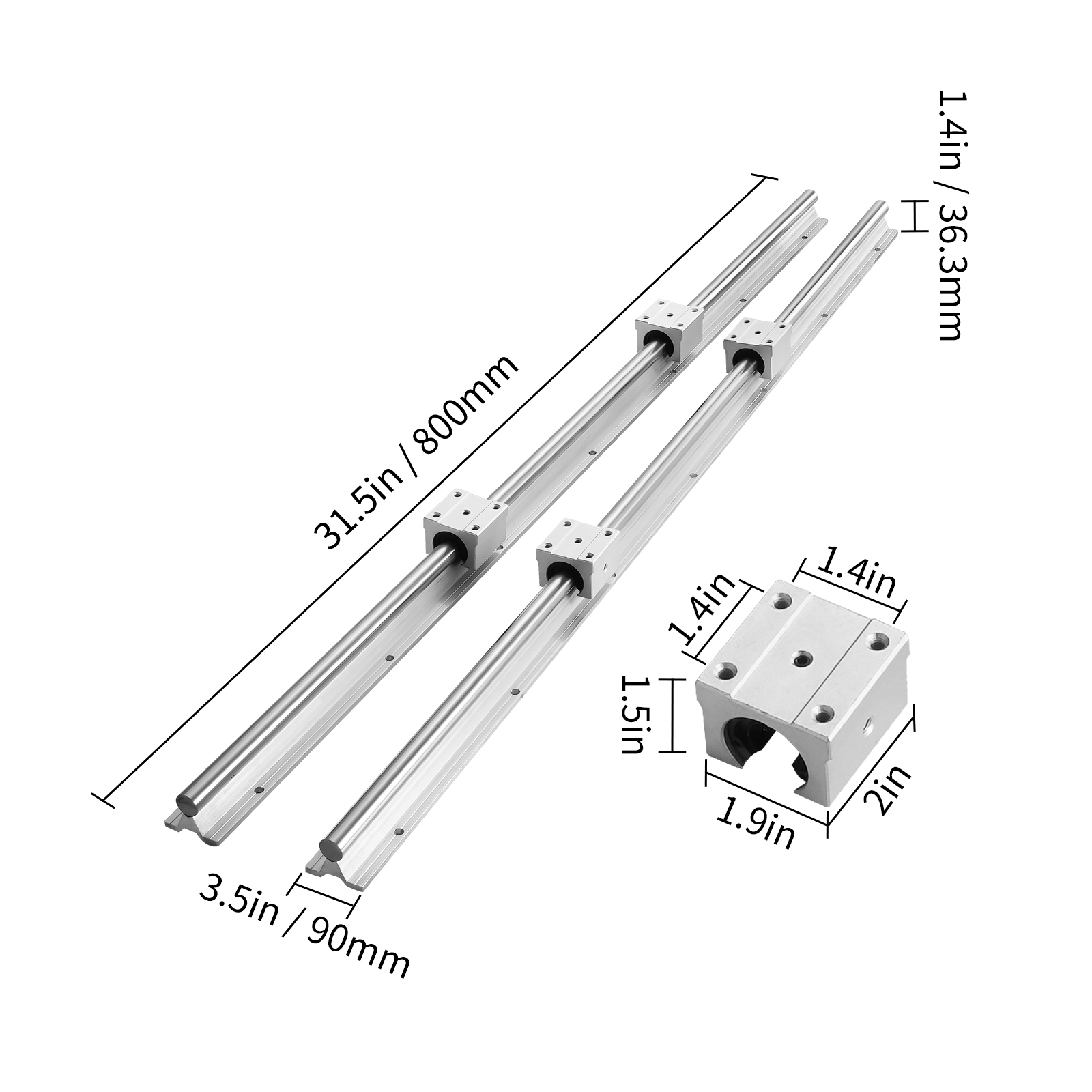 Mophorn Linear Guide Rail Set, SBR20 800mm, 2 Pcs 31.5 in Rails & 4 Pcs ...