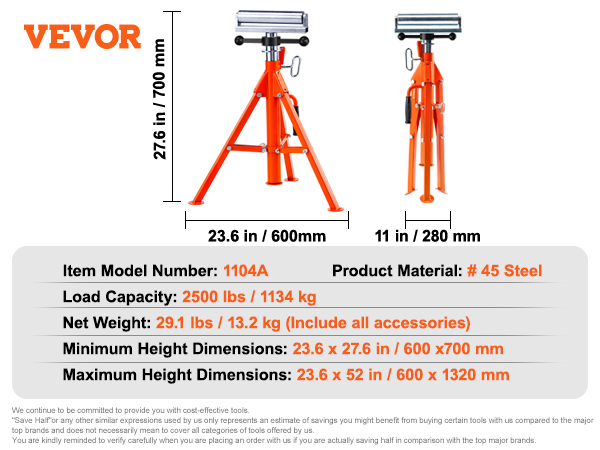 VEVOR Roller Stand, Heavy Duty 2500 LBS Load Capacity, 27.6"-52" Height ...