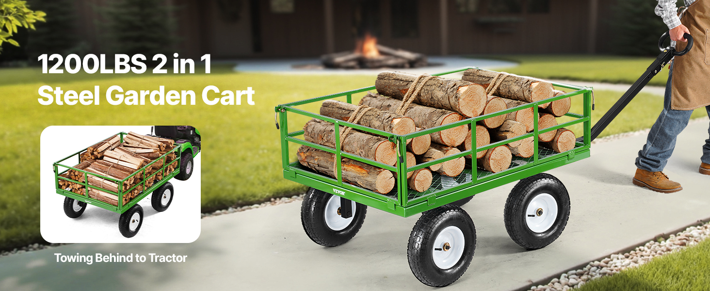 Vevor 1200 Lbs Steel Garden Cart,Heavy Duty Pullable Garden Wagon Yard ...