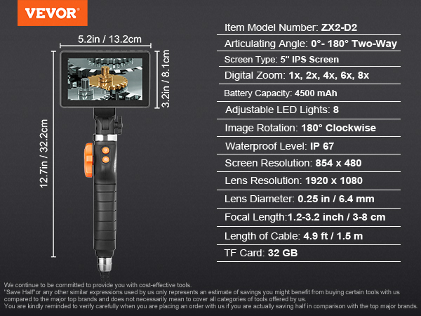 VEVOR Borescope Endoscope Two-Way 180° Articulating 5" IPS 8X Zoom 6.4mm Lens | VEVOR US