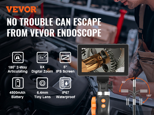 VEVOR Borescope Endoscope Two-Way 180° Articulating 5" IPS 8X Zoom 6.4mm Lens | VEVOR CA