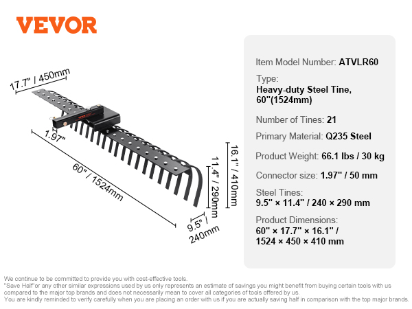 VEVOR Tow Behind Landscape Rake, 60" Tow Dethatcher with 21 Steel Coil ...