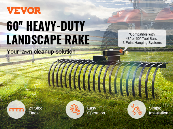 VEVOR Tow Behind Landscape Rake, 60" Tow Dethatcher with 21 Steel Coil ...