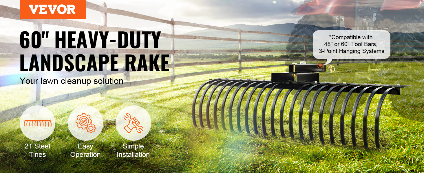 VEVOR Tow Behind Landscape Rake, 60" Tow Dethatcher with 21 Steel Coil ...