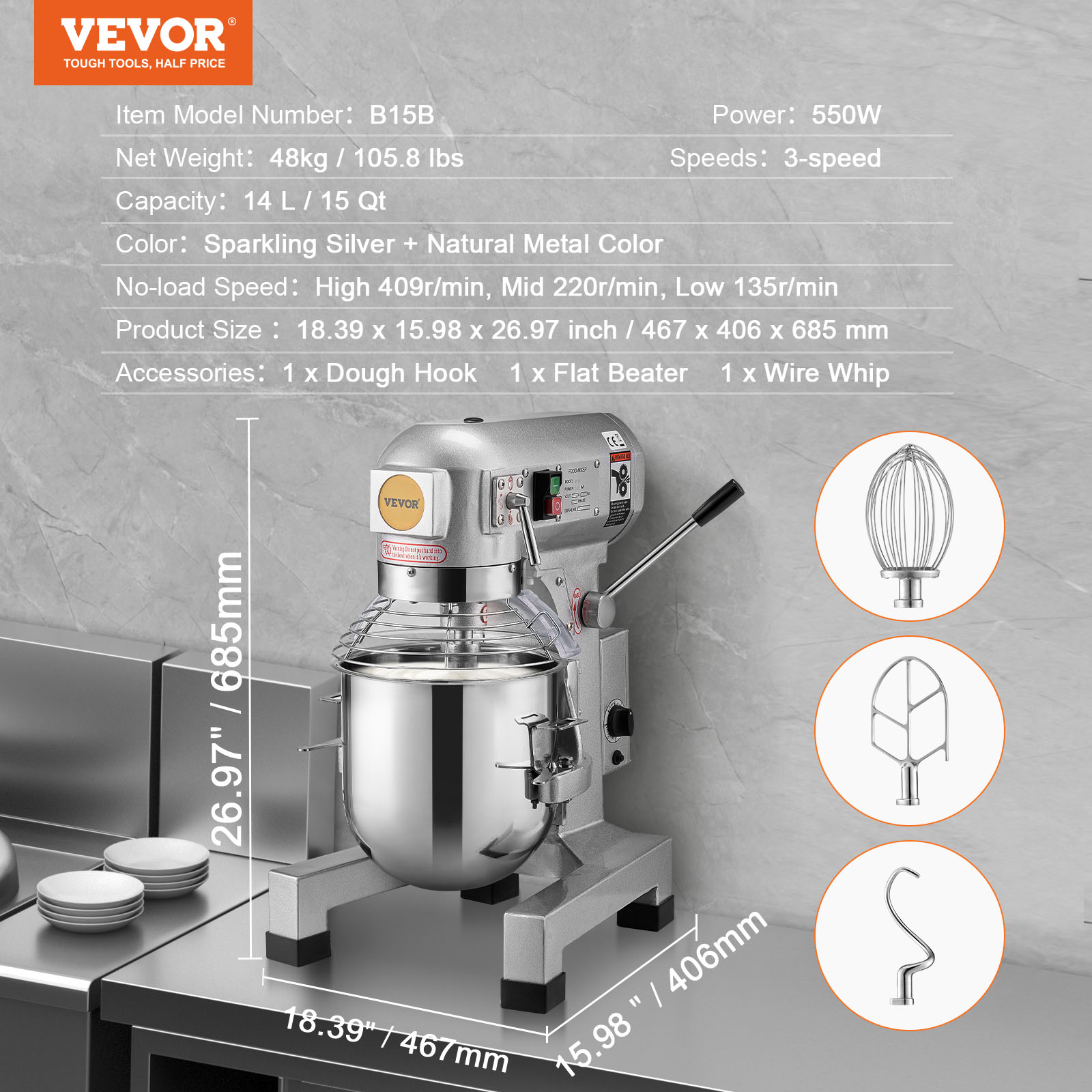 10/15/20/30 QT Commercial Food Dough Mixer 3-Speed Stand Electric Dough ...