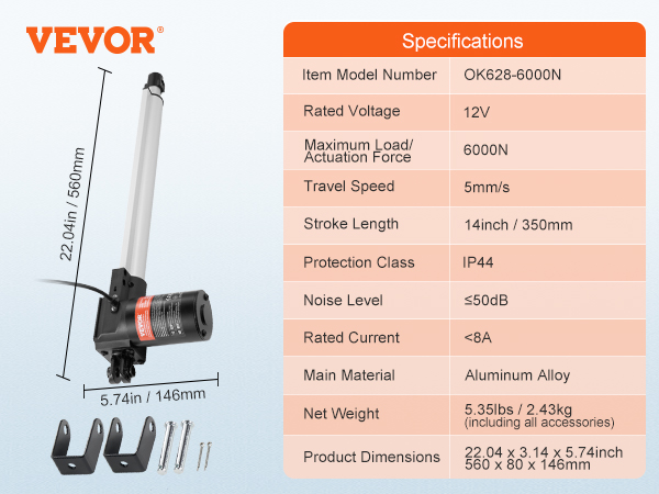 VEVOR Actuador lineal de 12 V, actuador de movimiento lineal de alta resistencia 350 mm 6000 N 5 ...