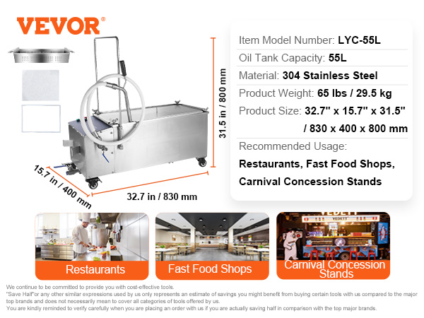 VEVOR Mobile Fryer Filter, 55L Oil Tank Capacity, Oil Filtration System ...