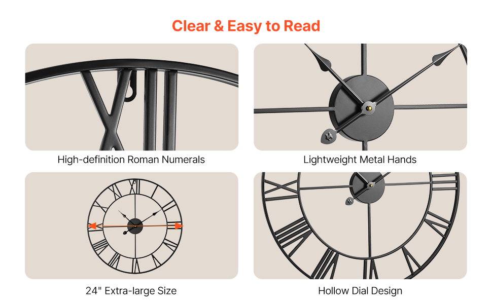 Wall Clock 24 in Roman Numerals Battery Operated Silent Clocks for ...