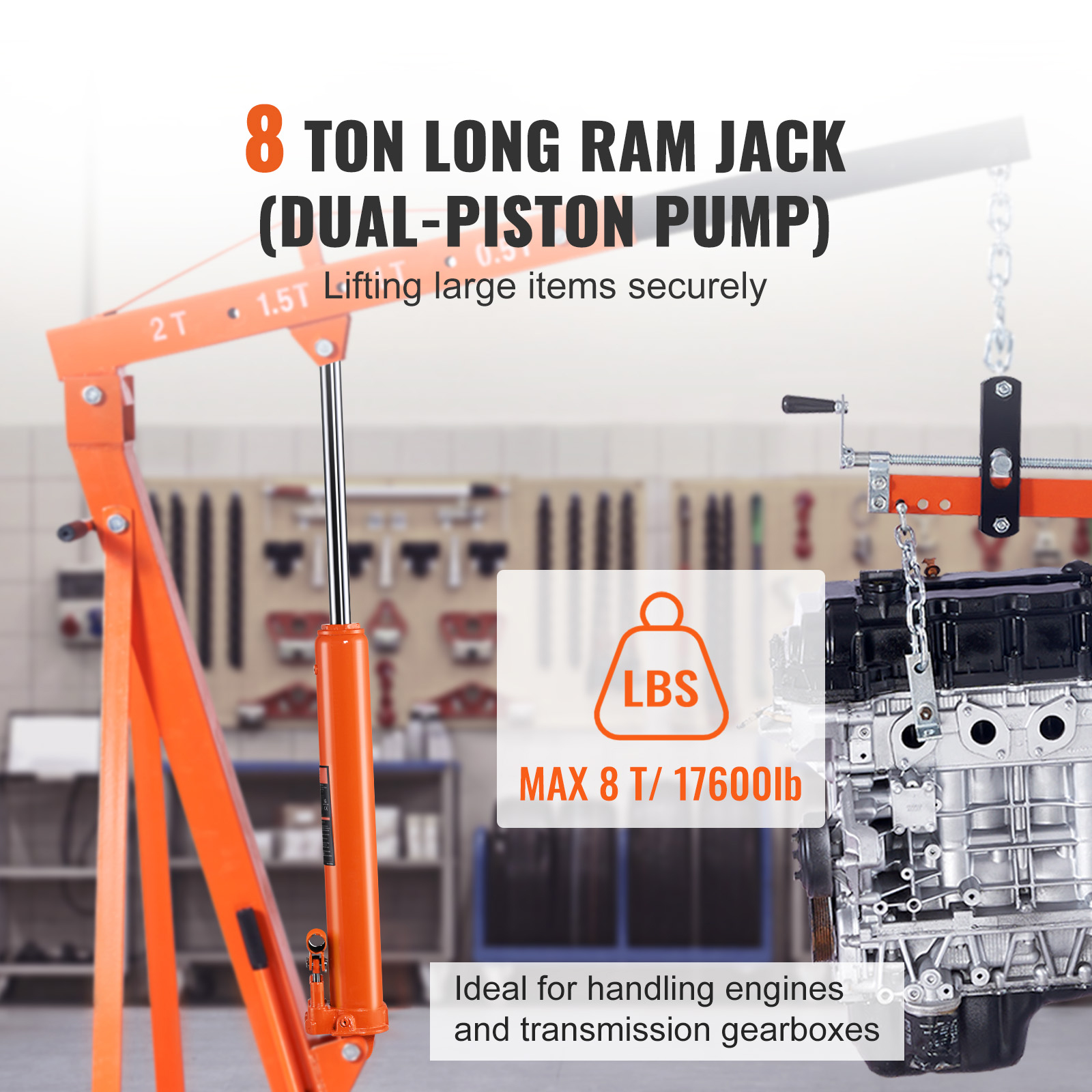 3/4/8 Ton Hydraulic Air Ram Jack Clevis Base Single Pump Engine Hoist ...