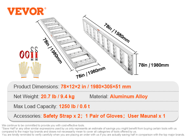 VEVOR Aluminum Ramps, 1250lbs, Straight Ramp with Treads and Load ...